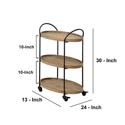The Urban Port 23-Inch Wood Bar Cart with 3-Tier Storage Trays and Metal Frame, Brown and Black