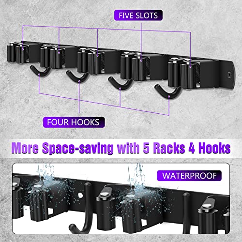NisuAM Broom and Mop Holder Wall Mount with 5 Slots 4 Hooks, Broom Hanger Self Adhesive, Black Matte Garage Rack & Tool Organizer, Home Storage Shelving for Closet Door,Cabinet,Lanudry