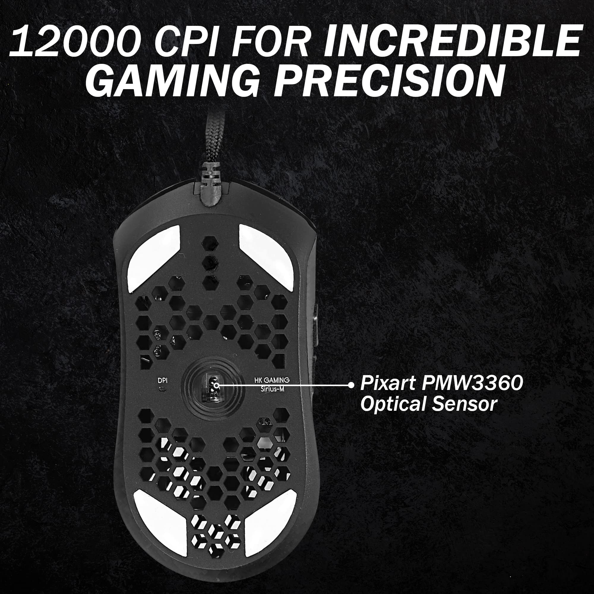 HK Gaming Sirius M Ultra Lightweight Honeycomb Shell Gaming Mouse | 54 Grams | 12000 cpi | USB Wired | 6 programmable Buttons | On-Board Memory | Anti Slip Grips | Sirius-M 12000cpi Black