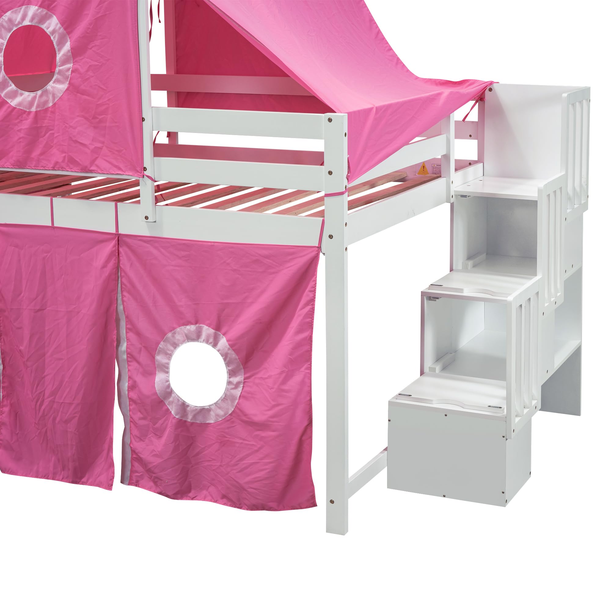 Merax Low Loft Bed Full Size with Slide and Storage Stairs, Wood Loft Bed with Tent & Tower, for Boys & Girls, Pink