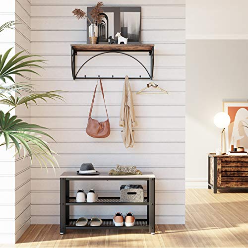 VASAGLE Shoe Bench, 3-Tier Shoe Rack, 11.8 x 28.7 x 17.7 Inches Shoe Shelf Storage Bench with Metal Mesh Shelves and Seat, Free Standing Shoe Organizer for Entryway, Greige and Black
