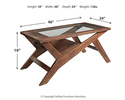 Signature Design by Ashley Charzine Contemporary Rectangular Coffee Table with Clear Tempered Glass Top, Brown