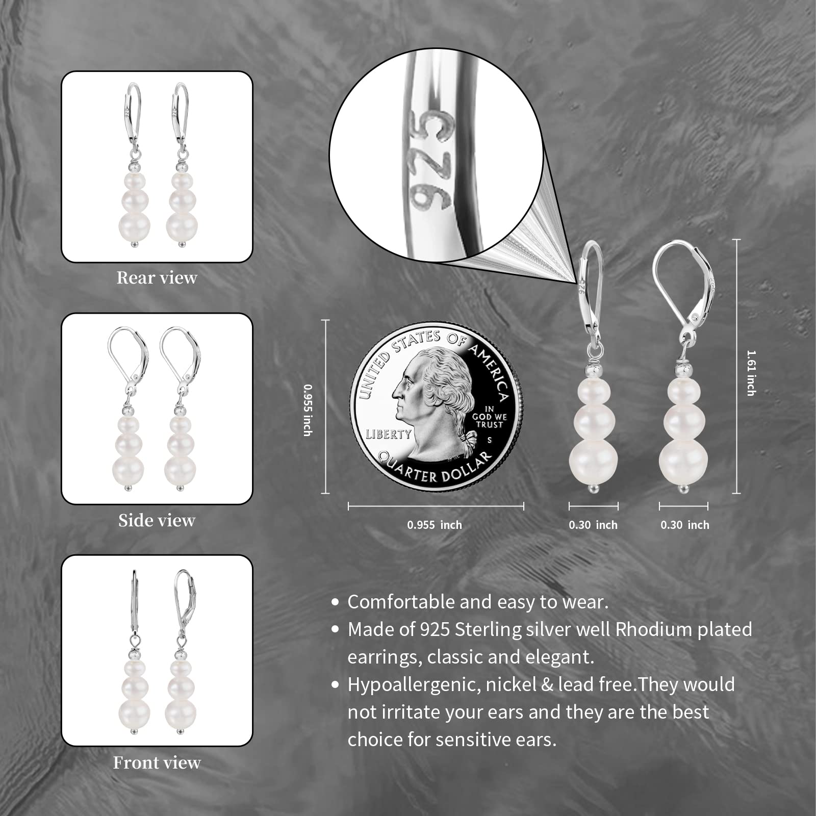 Sterling Silver Freshwater Cultured Pearl Drop Earrings Size 4-8mm Dangle Leverback Earring for Women (Rhodium plated)
