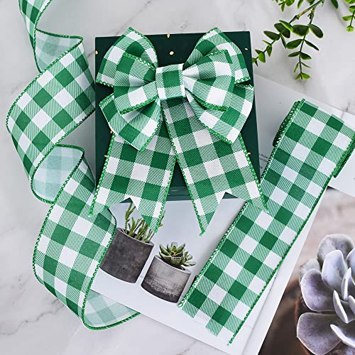 TONIFUL Green and White Wired Burlap Ribbon, 2.5 inch x 6yd, Green Plaid Check Ribbons for St Patrick's Day Decor,Spring Summer Wreath Making, Bows Crafts Gift Wrapping