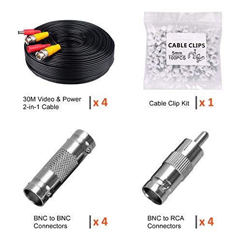 Tonton 4K 8MP 5MP 4-Pack 100 Feet 30 Meters Pre-Made All-in-One BNC Cables for Security Camera System,CCTV, DVR, Surveillance System, with BNC Connectors and RCA Adapters