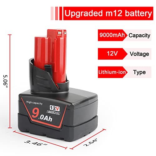 Xinriga 2 Packs M12 12V 9Ah 9000mAh Lithium-ion Replacement Battery for Milwaukee M12 12V Cordless Tool 48-11-2402 48-11-2440 48-11-2411 48-11-2420