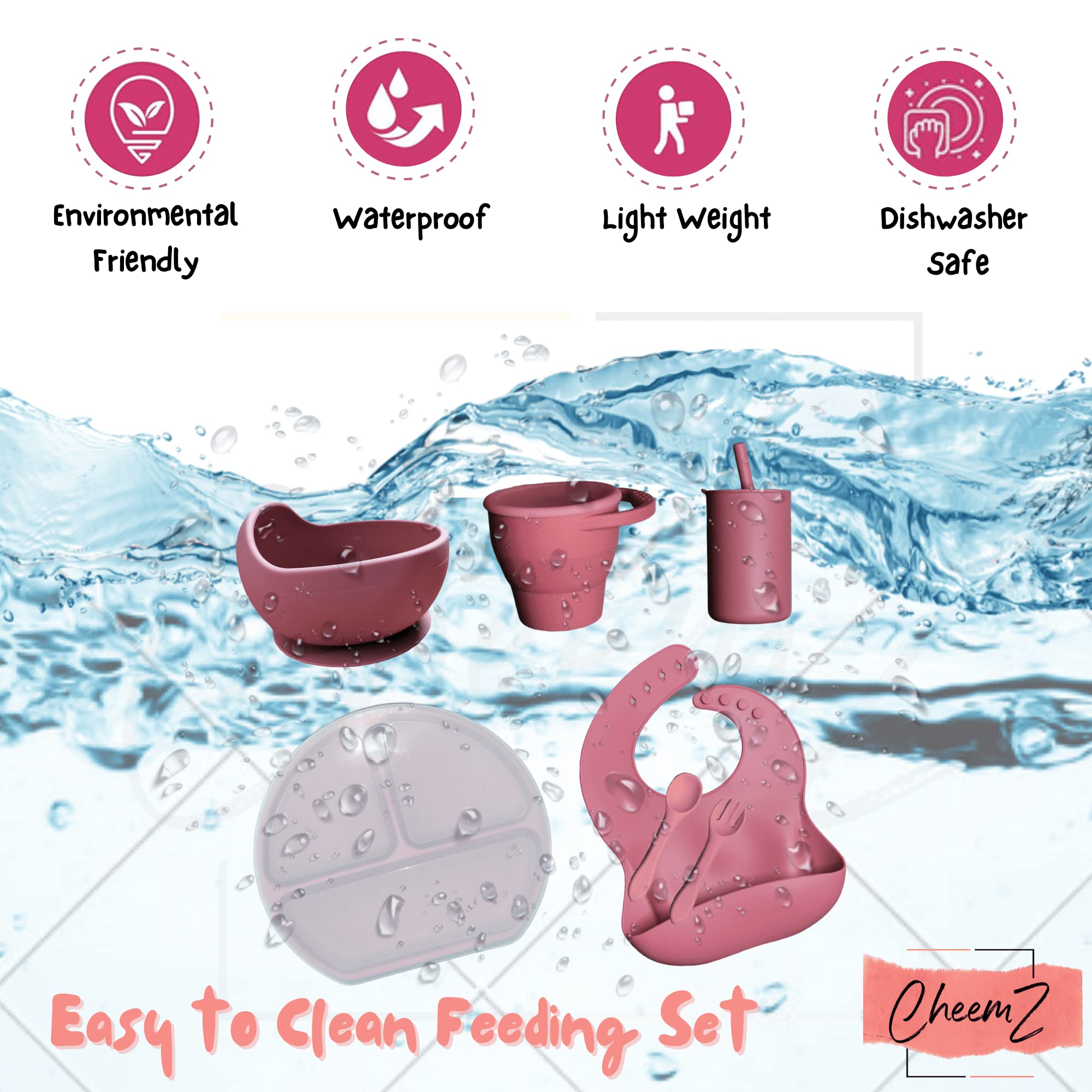 CheemZ Safe and Mess-Free 8-Piece Baby-Led Weaning Feeding Set - Suction Plates, Bowls, Bib, Straw Cup, Fork, and Spoon - Ideal for 6-12 Months - Make Baby's Mealtime Easy and Fun!