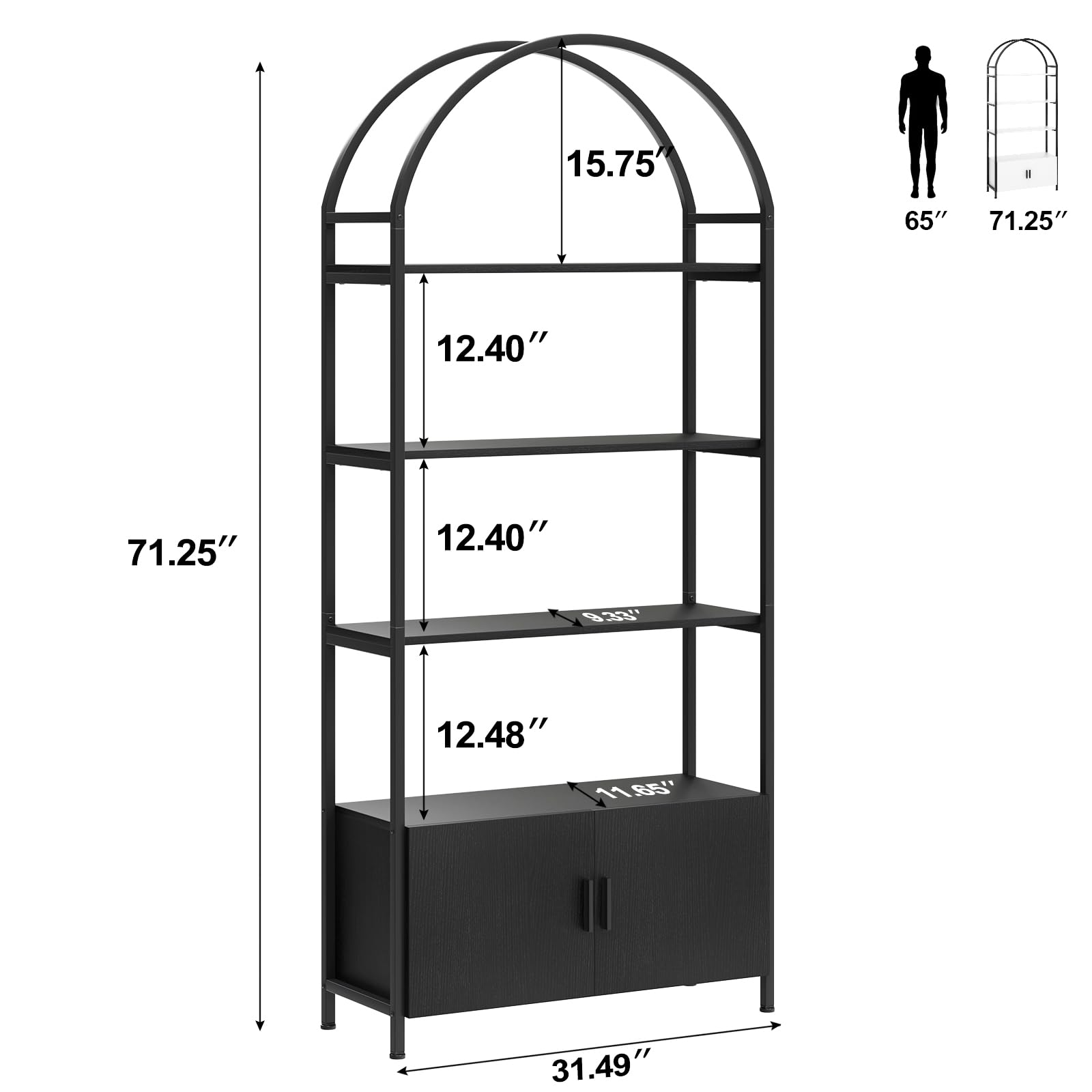 Jehiatek Arched Bookshelf, Bookcase with Doors Storage, 71 Inches Tall Industrial Book Shelf with Sturdy Metal Frame, E1 Quality Boards, Freestanding Display Shelving Unit, Black