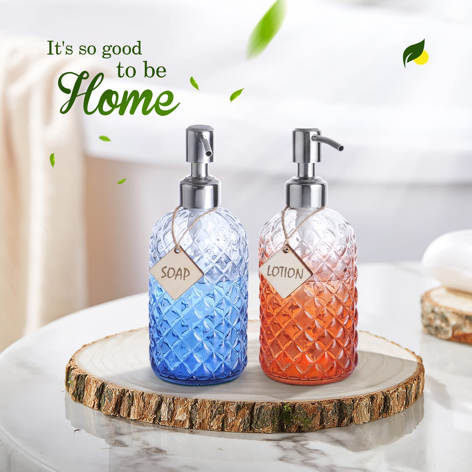 Glass Soap Dispenser, 14 Oz Hand Soap Dispenser Set with Rust Proof Stainless Steel Pump, Refillable Liquid Dish Soap Dispensers for Kitchen Sink Bathroom Commercial, Clear Blue Orange 2 Pack