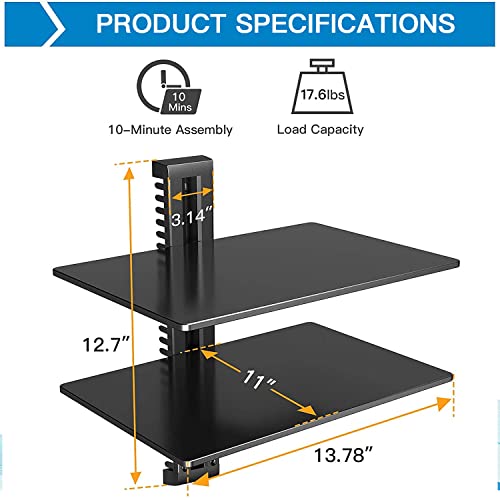 PERLESMITH Floating AV Shelf Double Wall Mount TV Shelf - Holds up to 17.6lbs - DVD DVR Component Shelf - Perfect for Xbox, Projector, WiFi Router, Game Console and Cable Box, PSDSK2