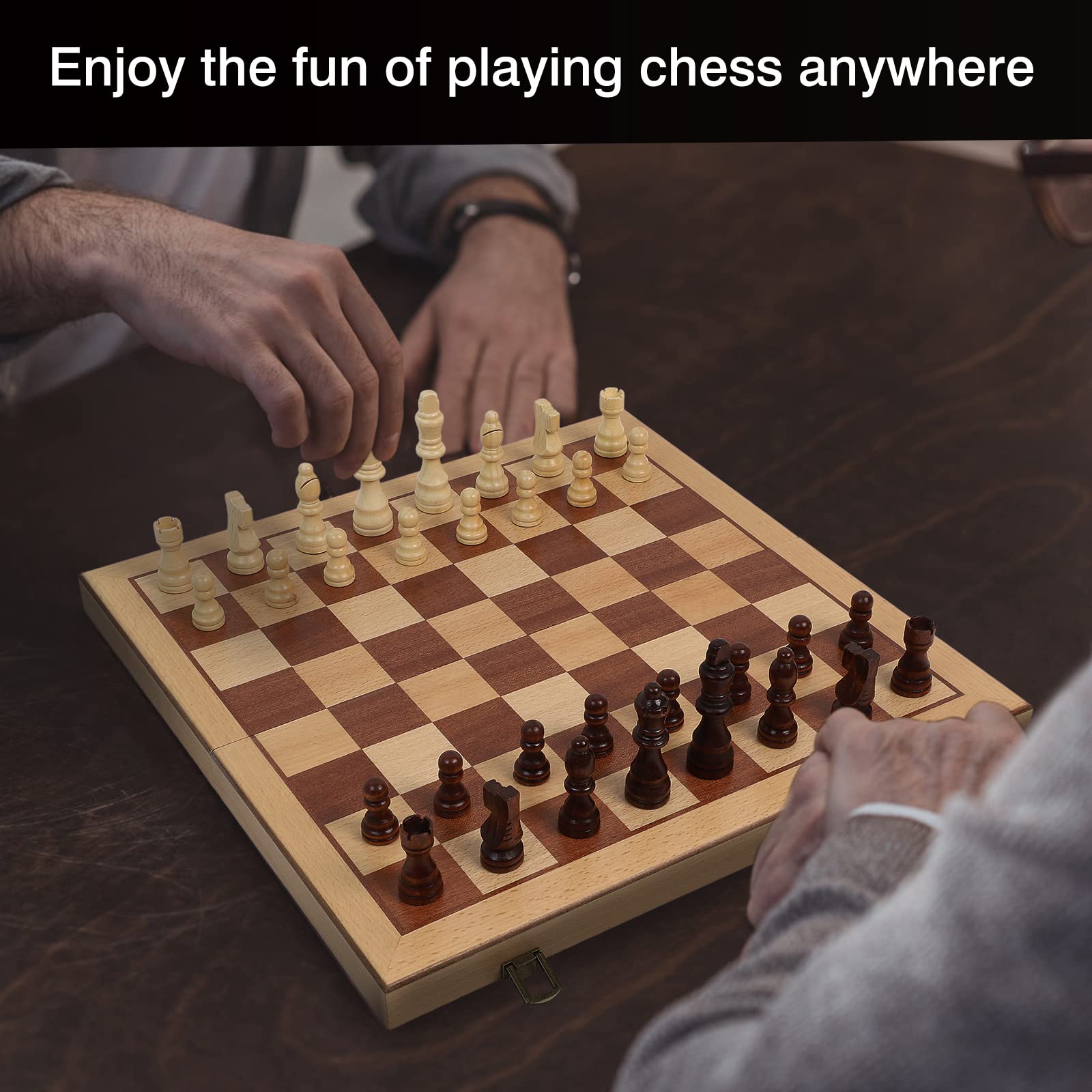 LEAP 15.5" Inches Wooden Chess Set - 2 Extra Queens - Folding Board, Handmade Portable Travel Chess Board Game Sets with Game Pieces Storage Slots - All Age Chess Set for Adults and Beginner