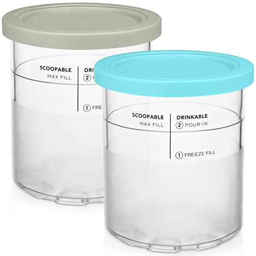 VanlonPro Containers 2 Pack, Ice Cream Pints Replacement for NC500 Series Ninja Creami Deluxe Ice Cream Makers, Reusable, BPA-Free & Dishwasher Safe, Airtight & Leaf-Proof, Gray & Blue Lids