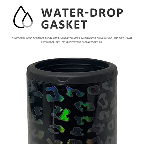Swig Sip Skinny Can Cooler - Double Wall Stainless Steel Vacuum Insulated Can Holder for 12oz Slim Tall Beverage Bridesmaid Gift (Laser Black Leopard)