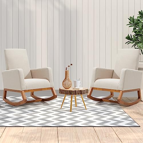 YOLENY Rocking Chair with Footstool, Upholstered Nursery Glider Rocker, Modern Accent Rocking Lounge Chair, Comfy High Back, Linen Armchair,Beige