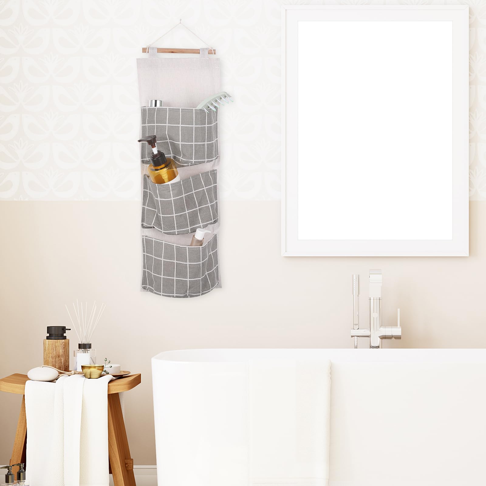 Wall Hanging Storage Bag Hanging Canvas Organizer Pouches with 3 Pockets, Waterproof Linen Farbric Canvas Hanging Storage Baske Over The Door Closet Organizer for Kitchen, Bedroom, Bathroom, Office