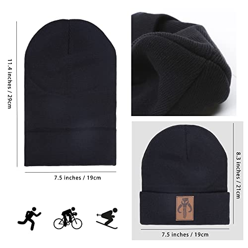 Birsppy Warm Cuffed Beanie Hats for Men Women Skull Leather Patch Winter Hat Soft Ski Knit hat Black