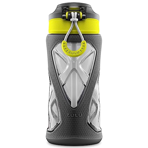 Zulu Torque 16oz Plastic Kids Water Bottle with Silicone Sleeve and Leak-Proof Locking Flip Lid and Carry Loop for School Backpack, Lunchbox, Outdoor Sports, BPA-Free Dishwasher Safe, Grey/ Green