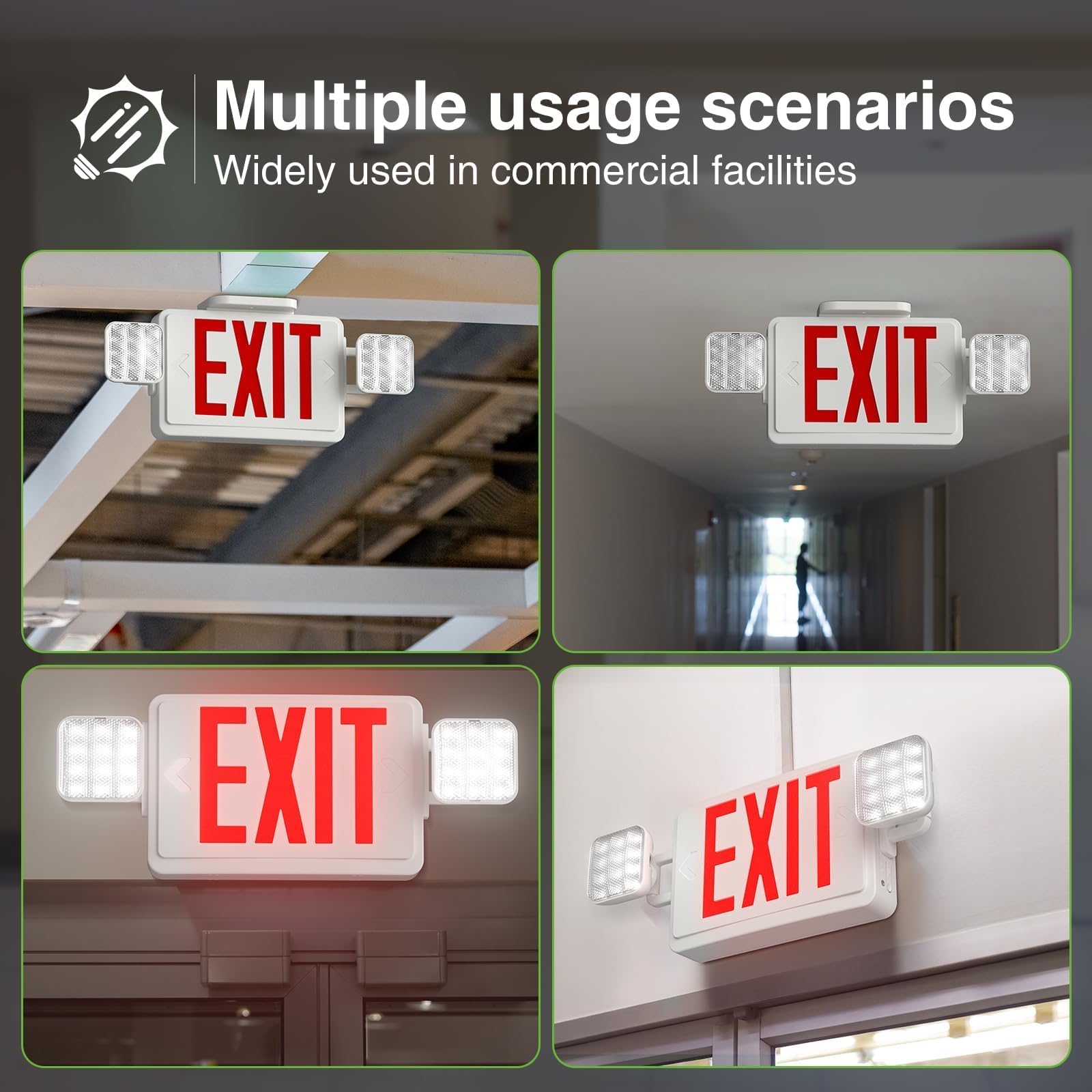 FREELICHT 2 Pack LED Exit Sign with Emergency Lights,Adjustable LED Emergency Exit Lights with Battery Backup,Exit Sign for Business,Easy To Install,UL Certified,AC 120/277V