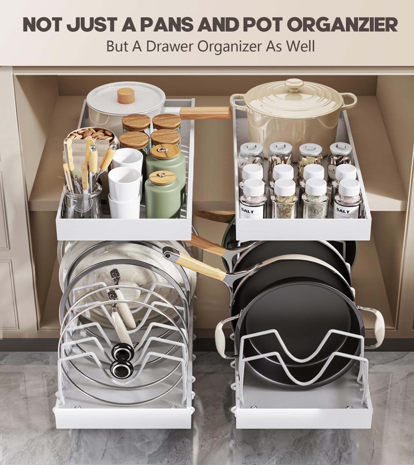 Pull Out Pots and Pans Organizer Under Cabinet, Sliding Lid Holder and Pan Rack in Kitchen, Slide Out inside Cabinet Storage for Pot Lid, Bakeware, Dishes, 8 Adjustable Dividers, 2 Pack White
