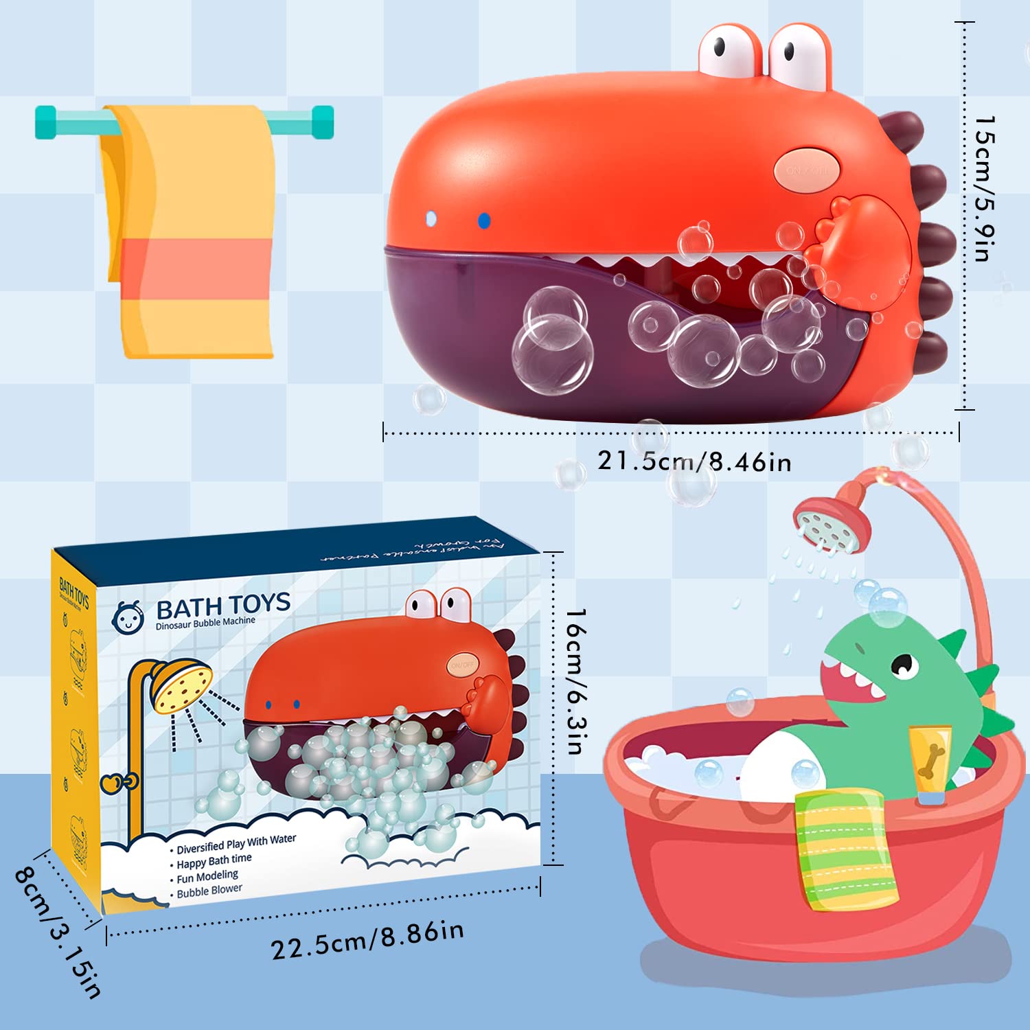 Dinosaur Bath Toys,Toddler Bath Bubble Machine Bathtub Toy, 250ML Capacity 1000+ Bubbles Per Minute, 12 Childrenās Songs, Shower Bath Wall Toy Bubble Maker, Present for Baby Kids