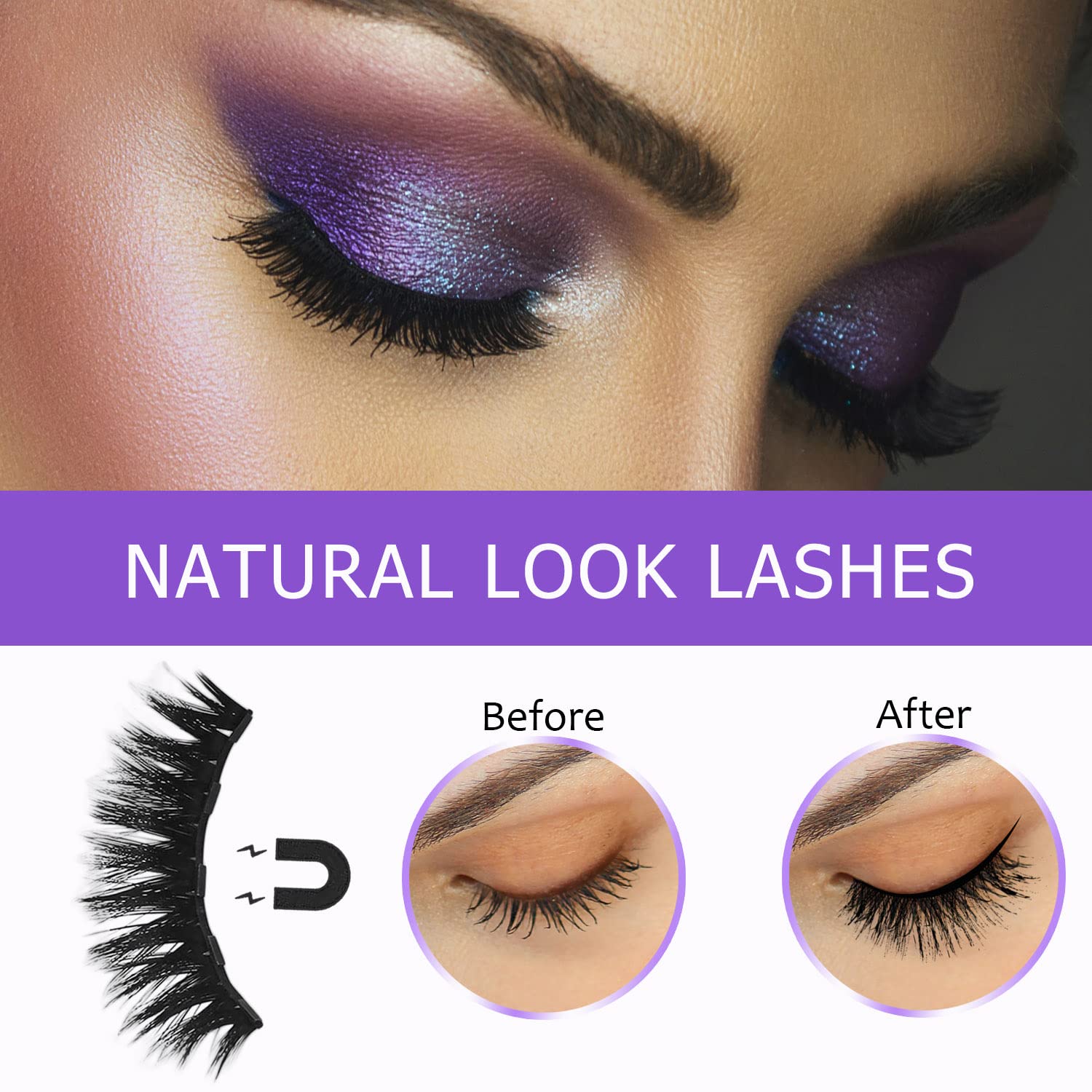 Magnetic Lashes, Magnetic Eyelashes with Eyeliner Kit, 3 Pairs Magnetic Eyelashes Natural Look, Reusable False Lashes, No Glue Need, with Applicator