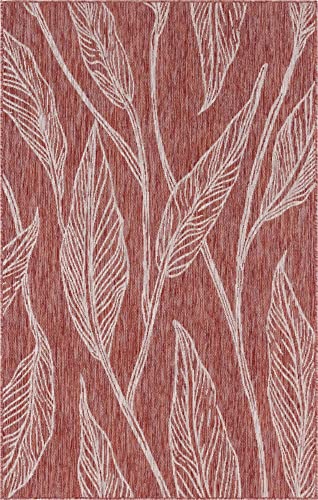 Unique Loom Outdoor Botanical Collection Area Rug - Leaf (5' 1" x 8' Rectangle, Rust Red/ Gray)