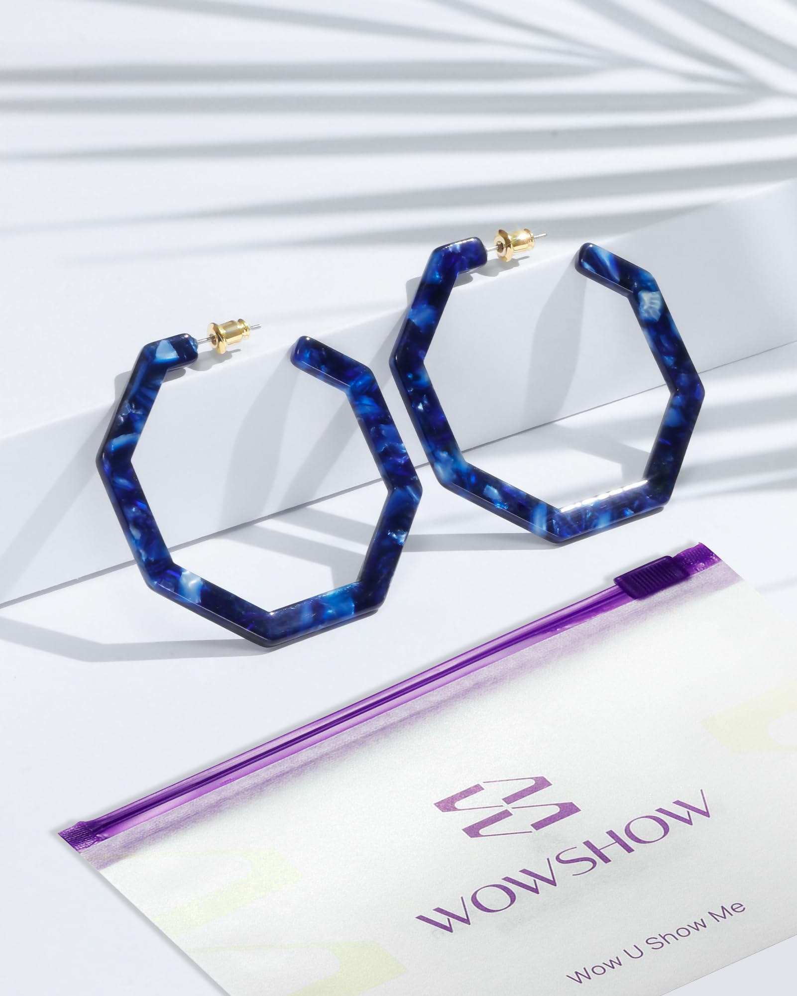wowshow Acrylic Resin Hoop Earrings for Women Statement Fashion Geometric Octagon Earrings (Blue)