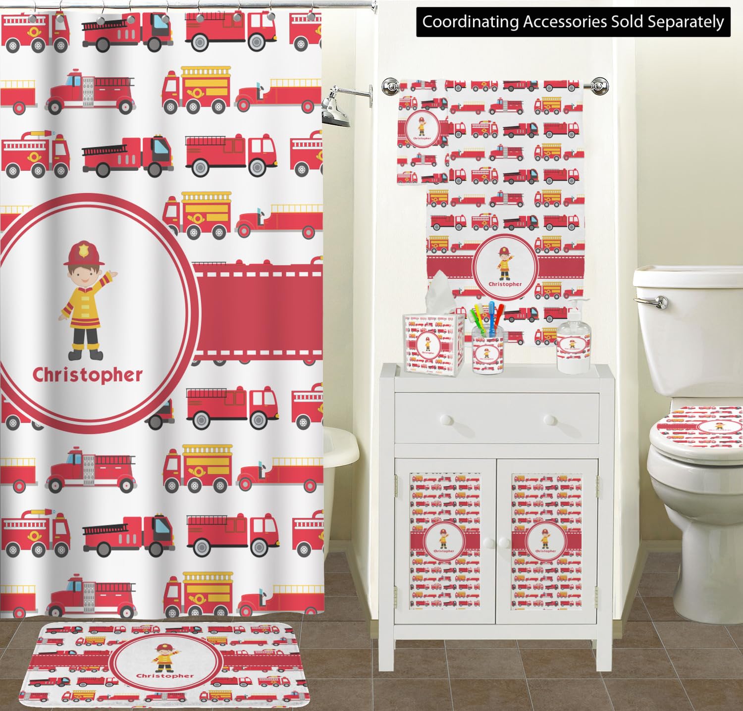 RNK Shops Personalized Firetrucks Waste Basket - Single Sided (White)