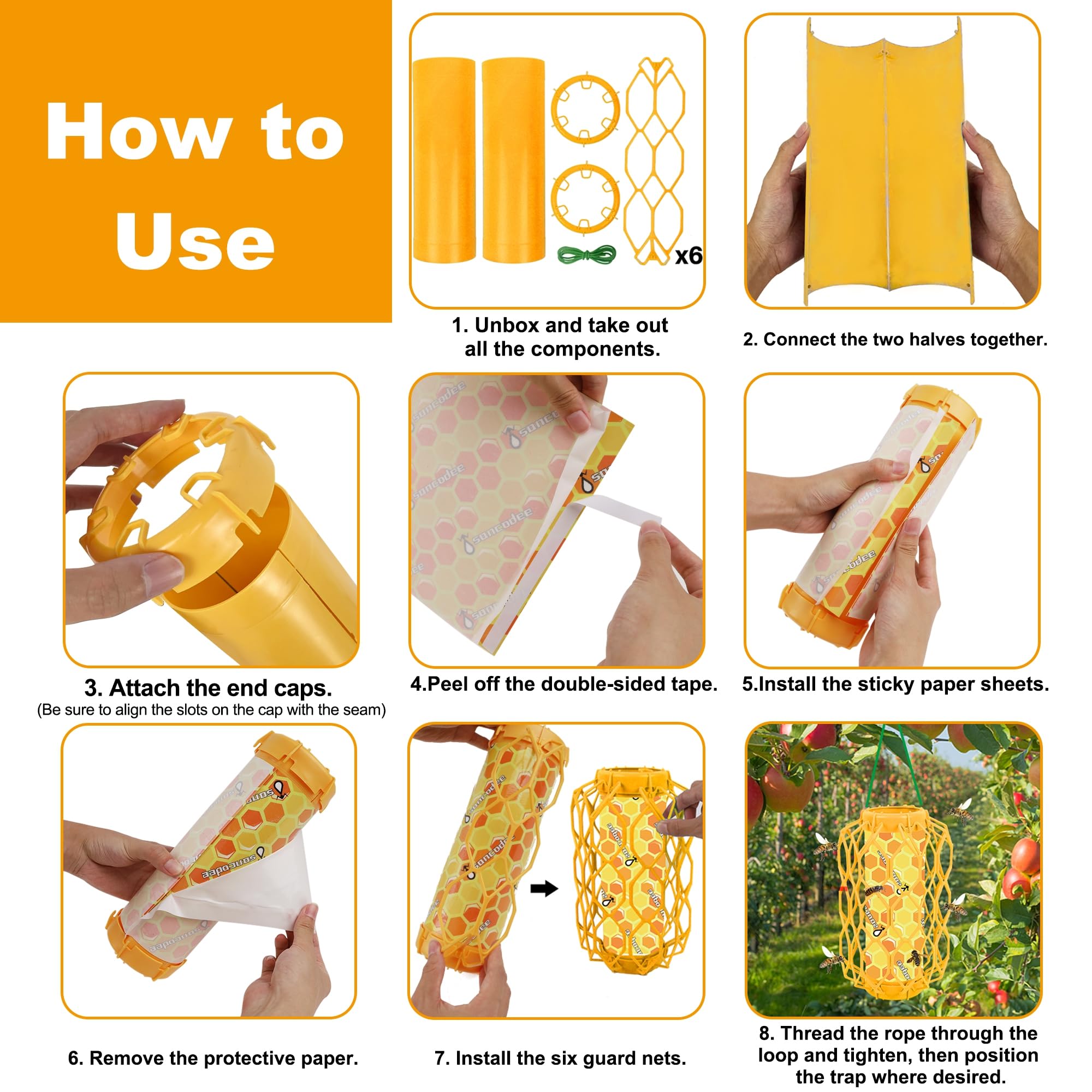 Sancodee 4 Pcs Wasp Trap Outdoor Hanging, Insect Catcher for Wasps and Carpenter Bees, Bee Killer Sticky Bug Boards Yellow Jacket Trap with Bait Reservoir, Non-Toxic Reusable Wasp Hornet Trap (Orange)