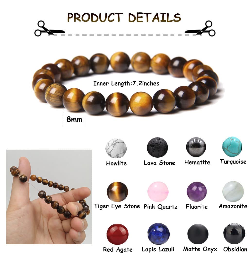 WAINIS 12 Pcs 8mm Gemstones Beaded Bracelets for Men Women Stone Bead Stretch Round Bead Crystal Semi-precious Bracelets Unisex