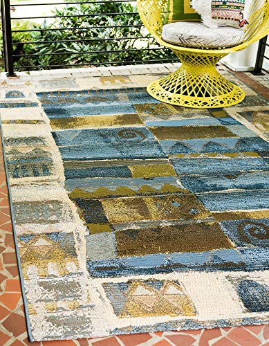 Unique Loom Outdoor Modern Collection Area Rug - Glyph (8' x 11' 4" Rectangle, Blue/ Beige)