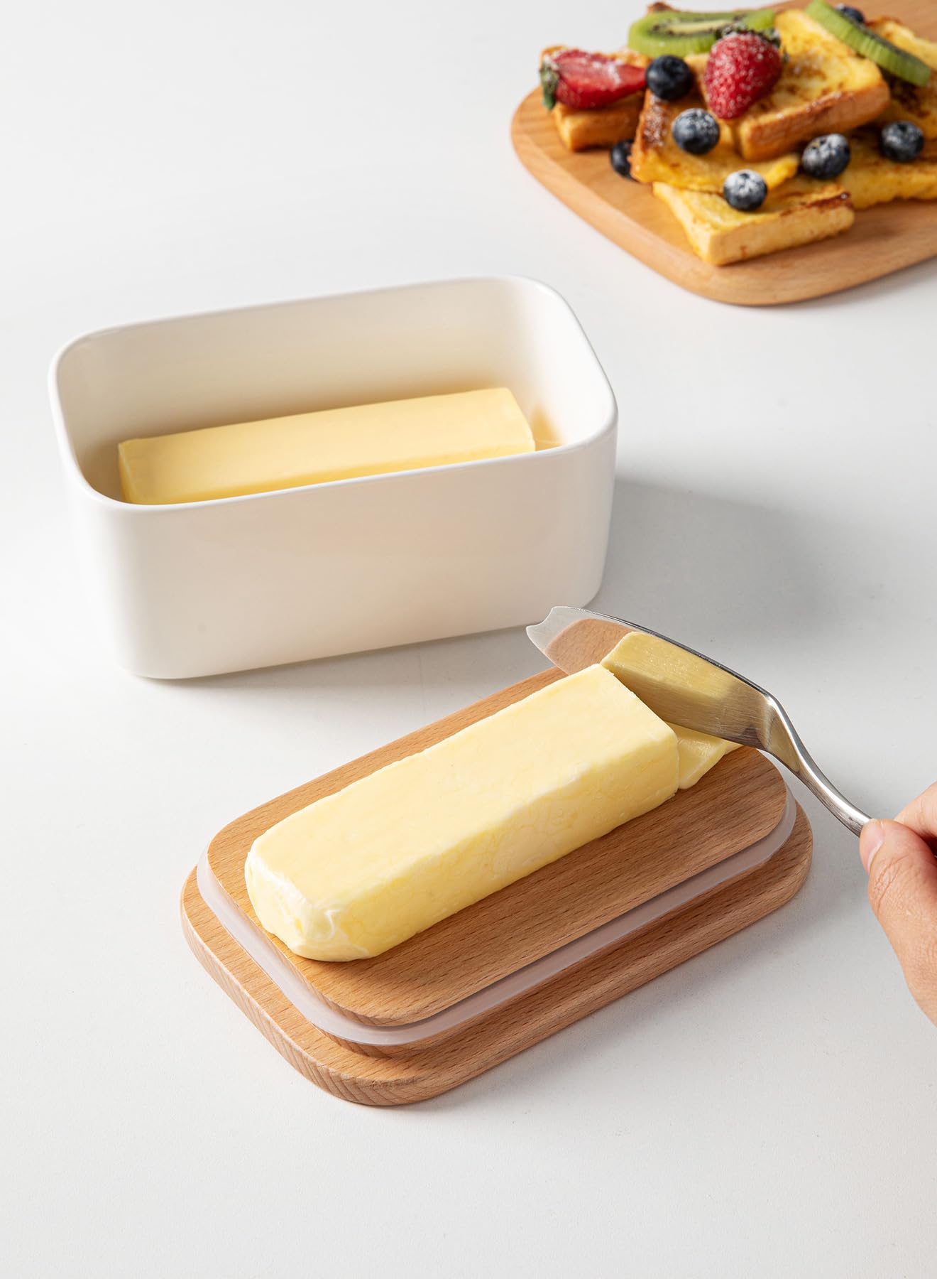 Sweese 303.101 Large Butter Dish - Airtight Butter Keeper Holds Up to 2 Sticks of Butter - Porcelain Container with Beech Wooden Lid, White
