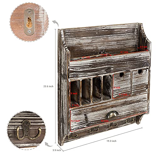 MyGift Torched Wood Entryway Wall Organizer with Mail Holder Organizer, Accessories Storage Compartments, Pull Out Drawers and Dual Key Hooks
