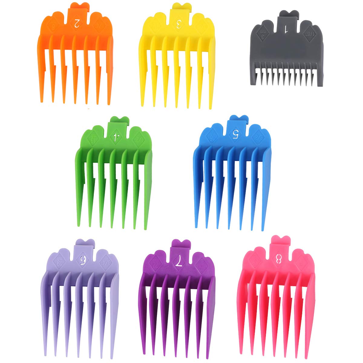 Harapu 8Pcs Colorful Professional Hair Clipper Combs Guides 1/8” to 1”,Attachment Guide Combs Replacement Guards Set for Wahl Clippers/Trimmers