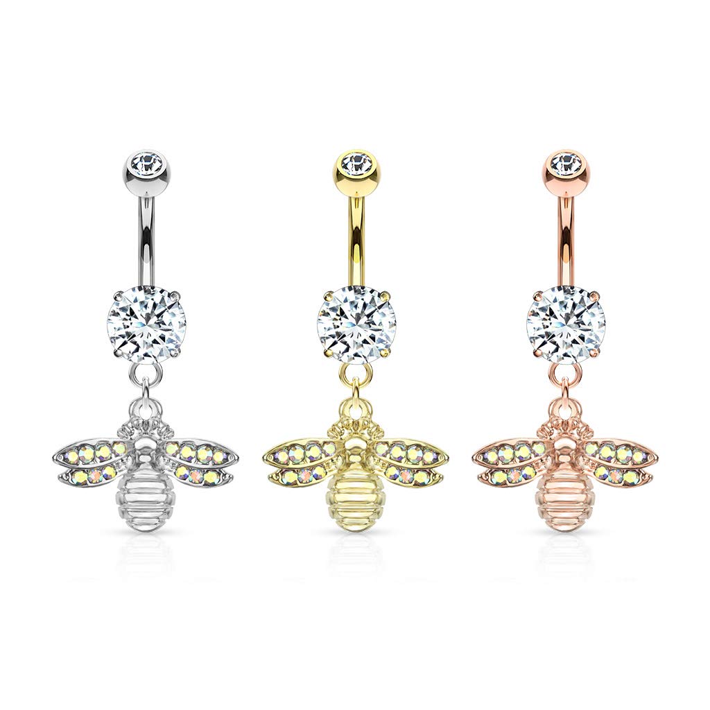 Dynamique Bee With AB Crystal Paved Wings Dangle Double Jeweled 316L Surgical Steel Belly Button Rings (Sold Per Piece)