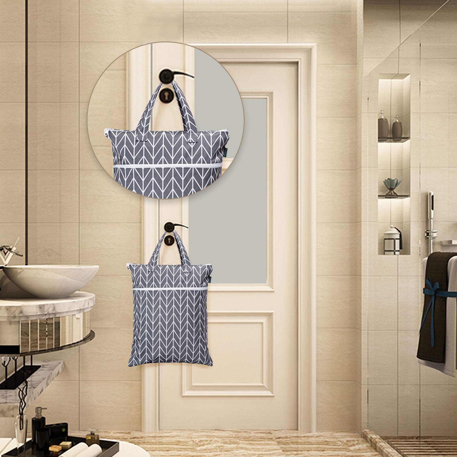 Teamoy Travel Hanging Wet Dry Bag Organizer (17.3 x 13.4 inches) with Two Compartments for Cloth Diaper, Laundry, Swimsuits and More, Easy to Hang Everywhere(M, Gray Arrow)