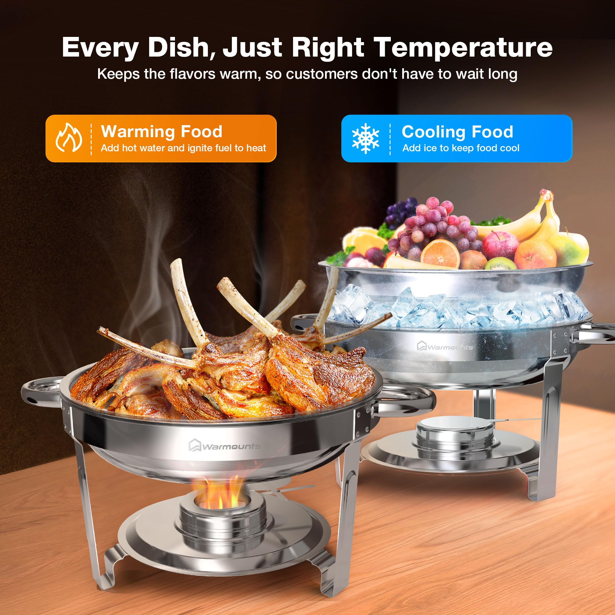 WARMOUNTS Chafing Dishes for Buffet 5QT, [95% Pre-Assembled] Round Chafing Dish Buffet Set w/Lid Holder, Stainless Steel Chafers and Buffet Warmers Sets for Parties, Wedding, Camping, Dinner (2)