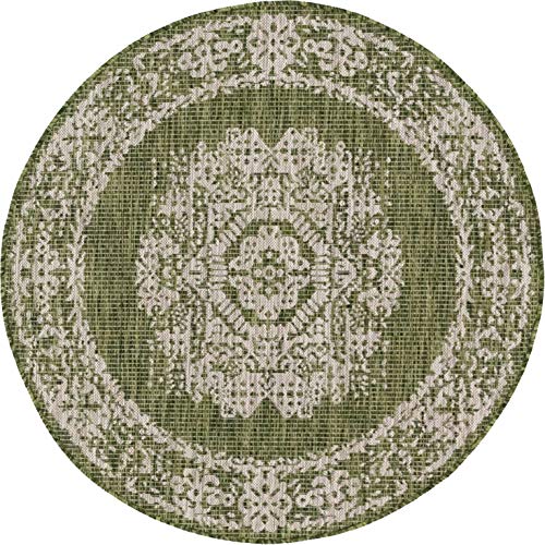Unique Loom Outdoor Traditional Collection Area Rug - Timeworn (4' 1" Round, Green/ Gray)