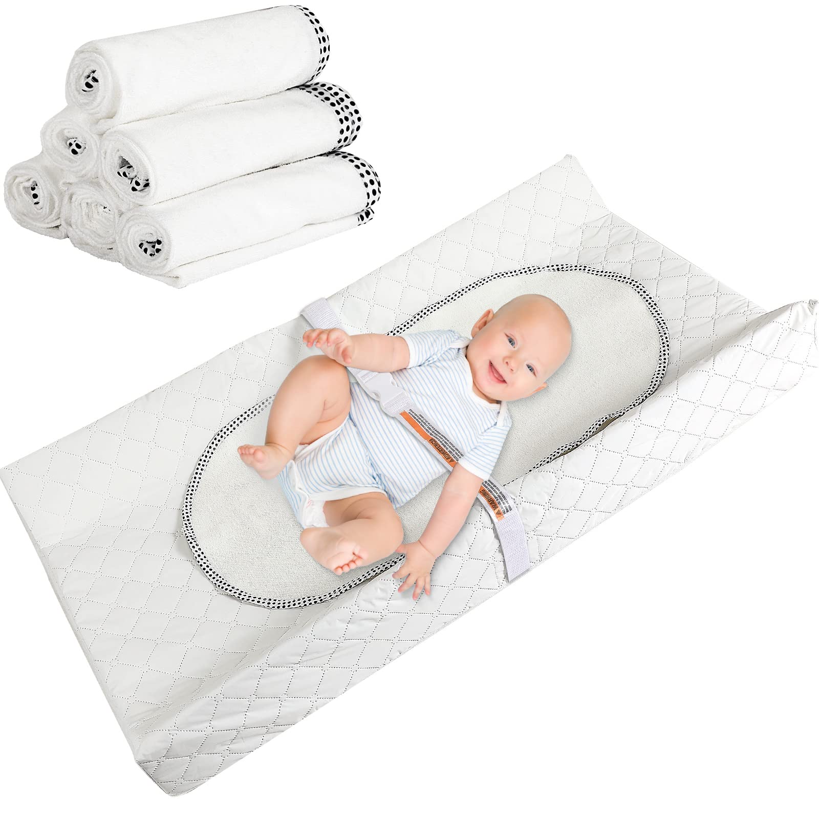 Baby Changing Pad with 6 Pack Ultra Soft Plush Liners Waterproof Diaper Changing Pad 16 x 32 in Foam Contoured Changing Table Pads with Security Strap Two High Curved Sides for Dresser Changing Table