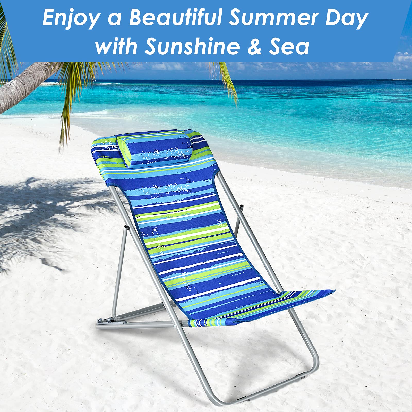 Giantex Beach Chair for Adults Camping Chair Set, Sunbathing Backpack Folding Recliner with 3 Adjustable Position, Lockable System, Headrest, Non-Slip Foot Pads, Lightweight Sand Chair (2, Green)