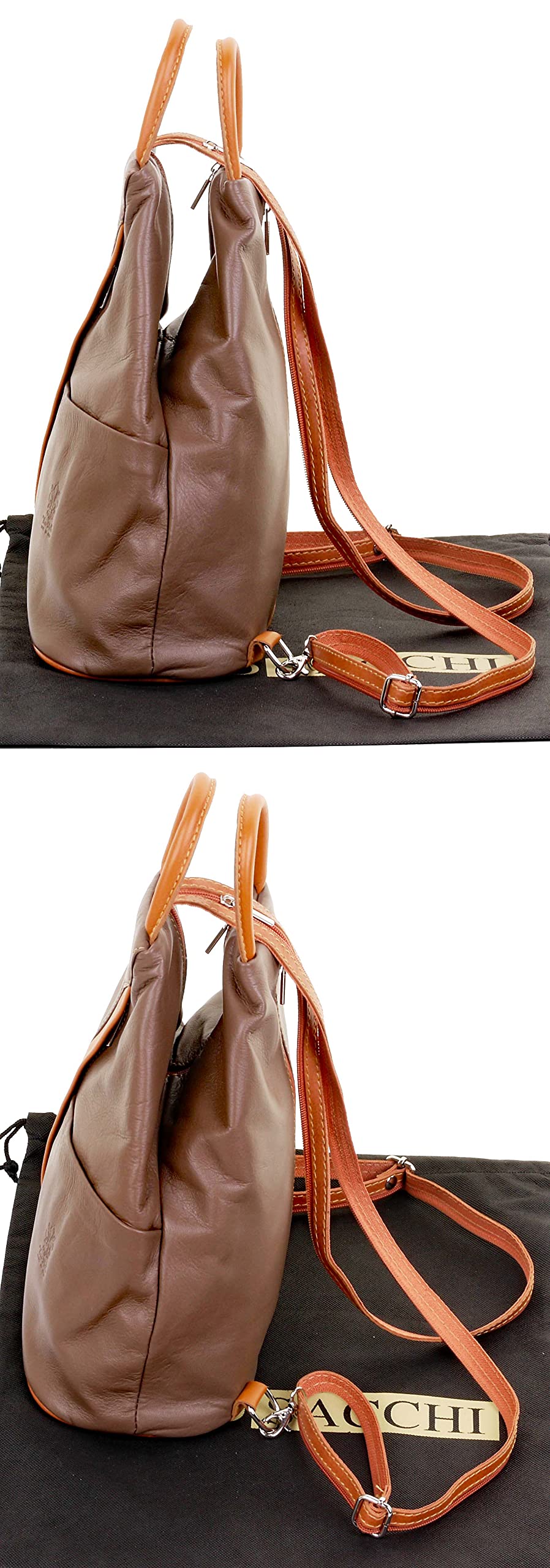 PRIMO SACCHI Italian Soft Leather Dark Taupe Tan Top Handle Shoulder Bag Rucksack Backpack Purse
