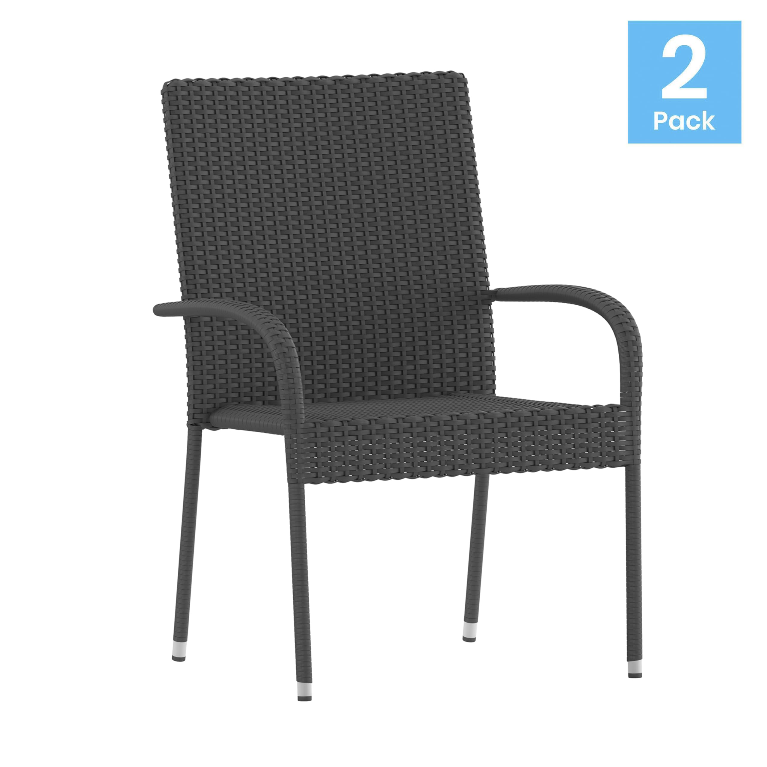 EMMA + OLIVER Sala Stacking All-Weather Patio Chair - Gray Woven Polyethylene Wicker - Powder Coated Steel Frame - for Indoor & Outdoor Use - Set of Four
