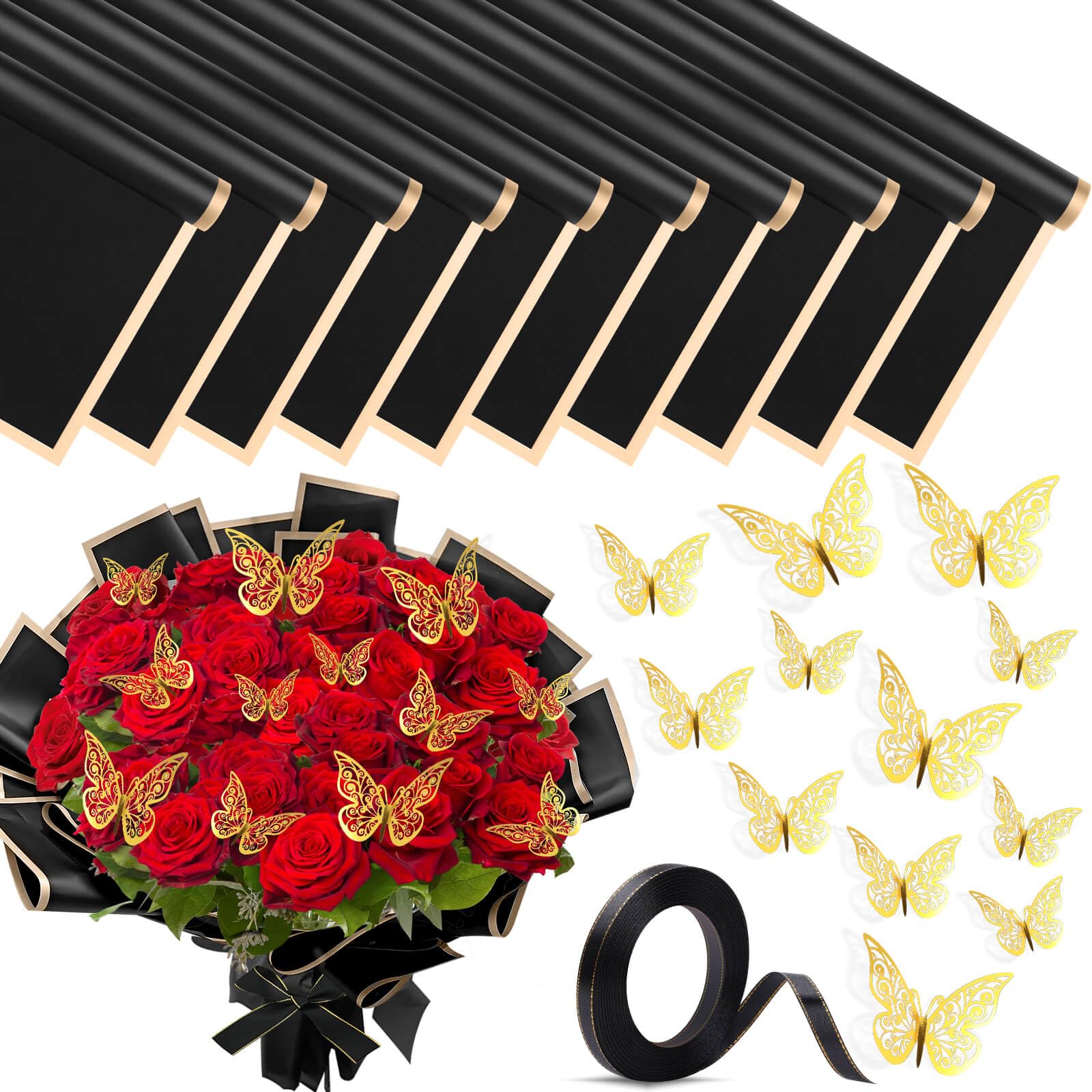 Tetutor Waterproof Flower Wrapping Paper,20 Sheets Bouquet Wrapping Paper Sheets, Floral Wrapping Paper Bouquet With Ribbons 3D Butterflies for Florist Wrap Wedding Birthday
