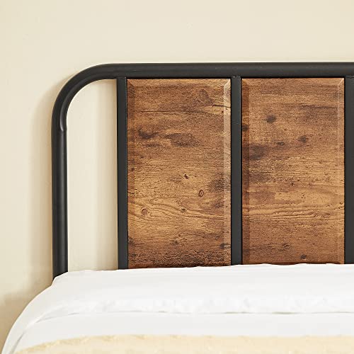 VECELO Bed Frame with Wooden Headboard Metal Slats, High Metal Platform Bed, No Box Spring Needed(Twin, Vintage Brown)