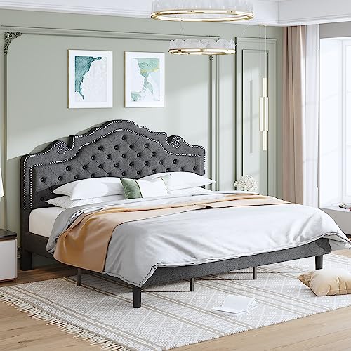 WEEWAY King Bed Frame with Tiara Curved Headboard and High Resilience, Linen Fabric Upholstered Diamond Button Tufted Platform Bed with Wood Slats/No Box Spring Needed/Easy Assembly/Dark Grey