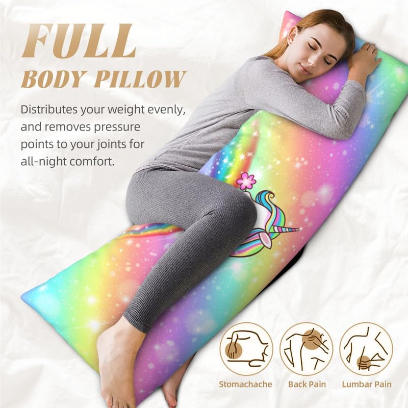 Rainbow Unicorn body pillowcase for Boys Girls Unicorn Cartoon Long Pillow Case Protector with Zipper Decorative Ultra Soft 20"x54"