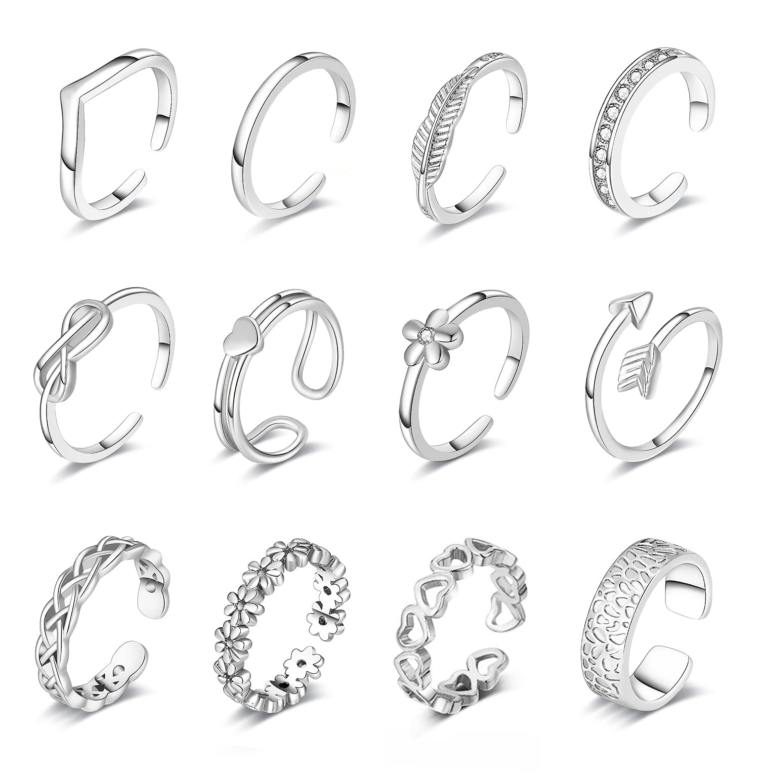 WFYOU 12PCS Adjustable Toe Rings for Women Silver Rose Gold Open Toe Ring Set Beach Foot Jewelry Tail Ring