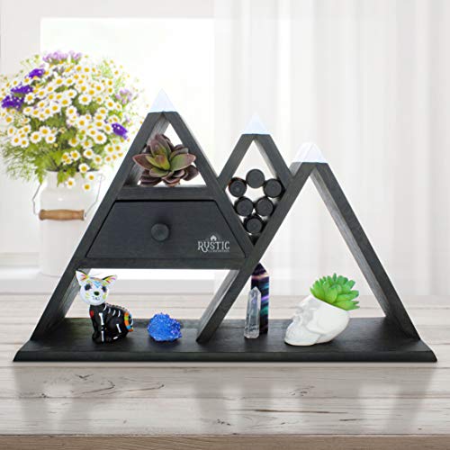 Rustic Curiosities Large Mountain Shelf - 20X12X4.5 Inch Crystal Display Shelf for Succulents, Plants, Essential Oils, Includes Pull Out Drawer, Extra Wide Base Crystal Holder (Black)