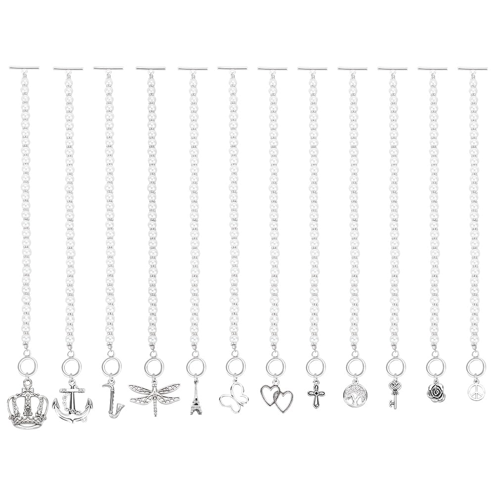 FINGERINSPIRE 12Pcs 10Inch White Individual Pearl Beaded Wedding Cake Pulls 12Style Wedding Cake Charm Pull with Alloy Silver Charm Bracelet for Birthday Party Wedding Decoration Bridesmaid Luncheon