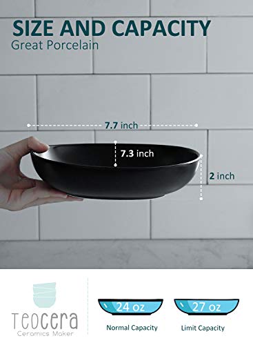 Teocera Wide and Shallow Porcelain Salad and Pasta Bowls Set of 6-24 Ounce Microwave and Dishwasher Safe Serving Dishes, Matte Black